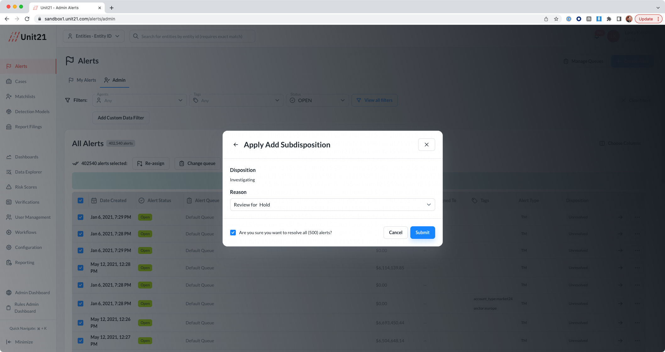 How to bulk resolve Alerts – Unit21